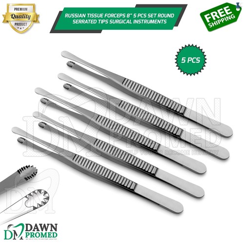 Russian Tissue Forceps 8" 5 Pcs Set Round Serrated Tips Surgical ...