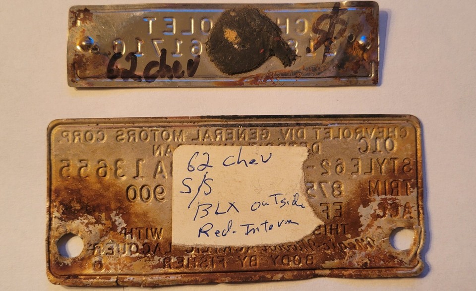 Original 1962 Chevrolet Cowl Data Tag Style 1847 & VIN Tag Body By ...