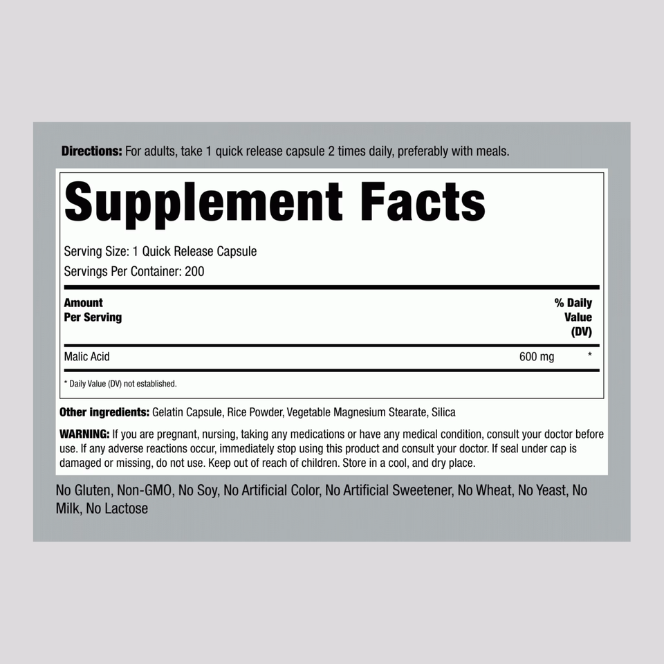 MALIC ACID CAPSULES~600 MG PER 1 ~30 QUICK RELEASE CAPSULES~EXP 12/2027 ...