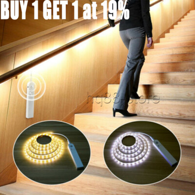 White PIR Motion Sensor LED Strip Light Battery Powered Stairs Cabinet ...