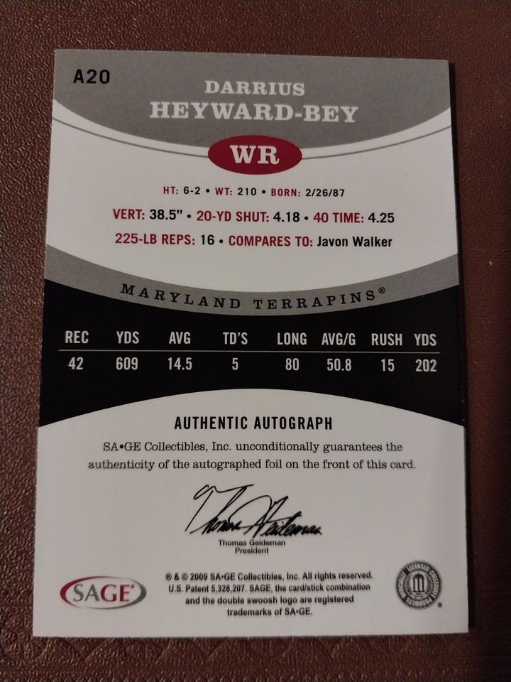 2009 DARRIUS HEYWARD BEY SAGE AUTOGRAPHED AUTO NFL ROOKIE CARD RC /400 ...
