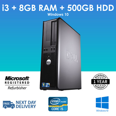 DELL I3 Desktop PC 8GB Memory, 500GB Hard drive, Windows 10 Home, Wifi ...