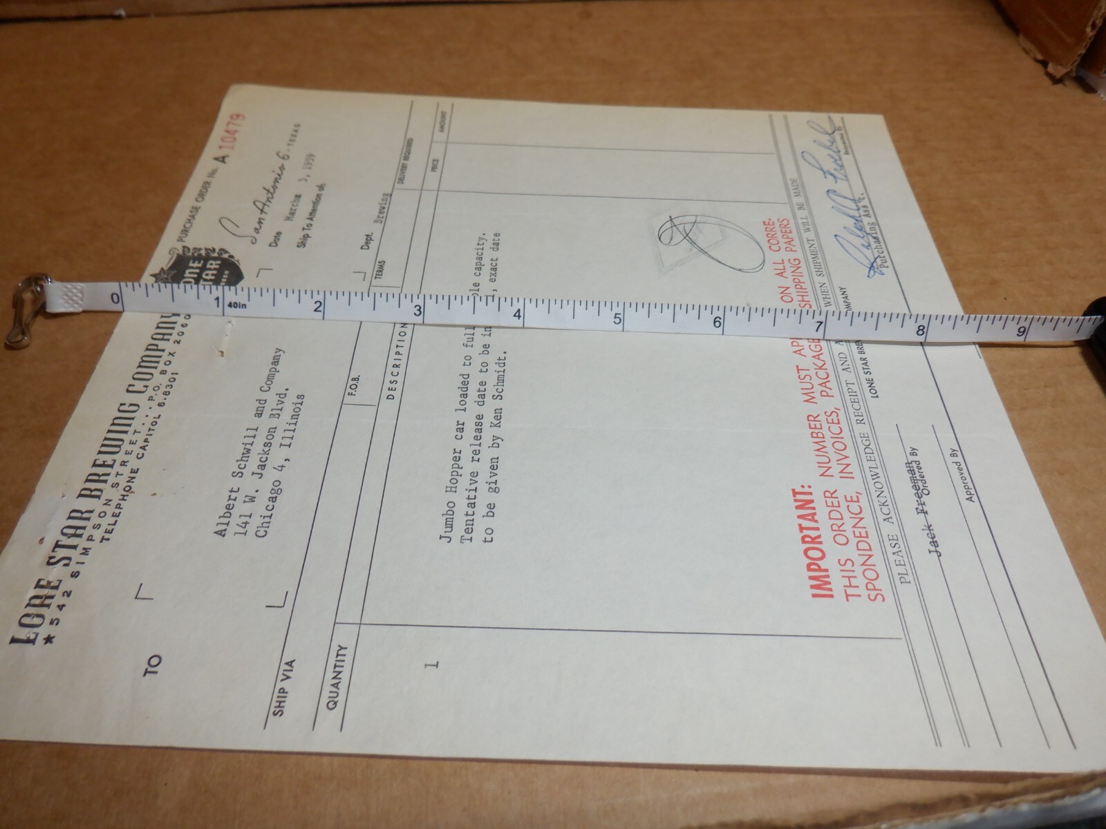 1959 LONE STAR BREWING COMPANY PURCHASE ORDER to ALBERT SCHWILL BEER ...