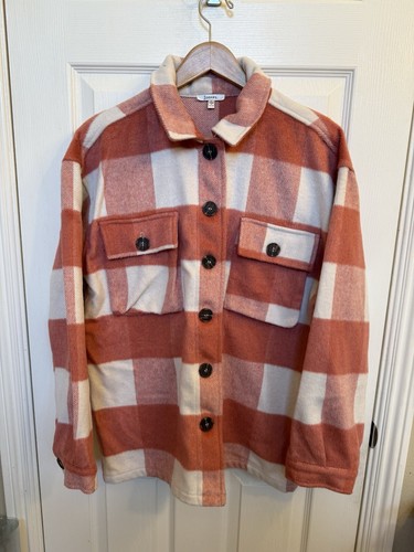 JODIFL Women's Long Sleeve Button Up Collared Plaid Shacket LV5 Coral ...