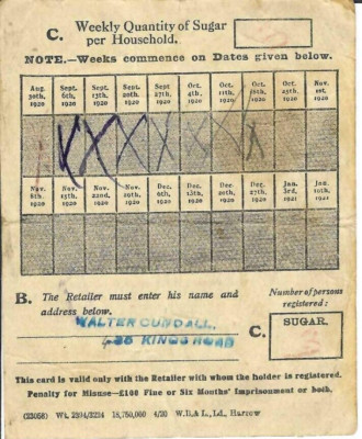 UK Britain England Week Sugar Ration Card Post WWI 1920 Walter Cundall ...