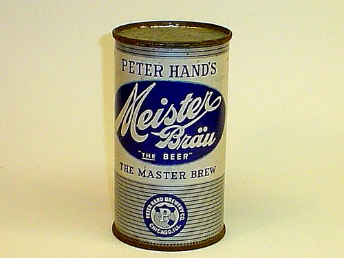 VINTAGE PETER HAND'S MEISTER BRAU FLAT TOP BEER CAN OPEN ON BOTTOM ...