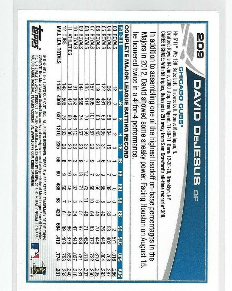 2013 Topps Emerald Chicago Cubs Baseball Card #209 David DeJesus | eBay