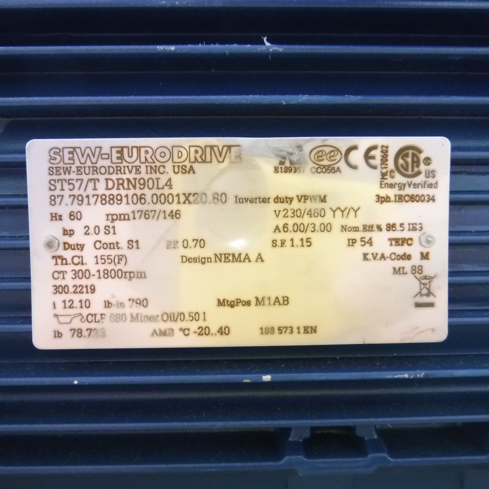 SEW Eurodrive ST57/T DRN90L4 Gear Motor 2.0HP 60Hz 1767/146RPM | eBay