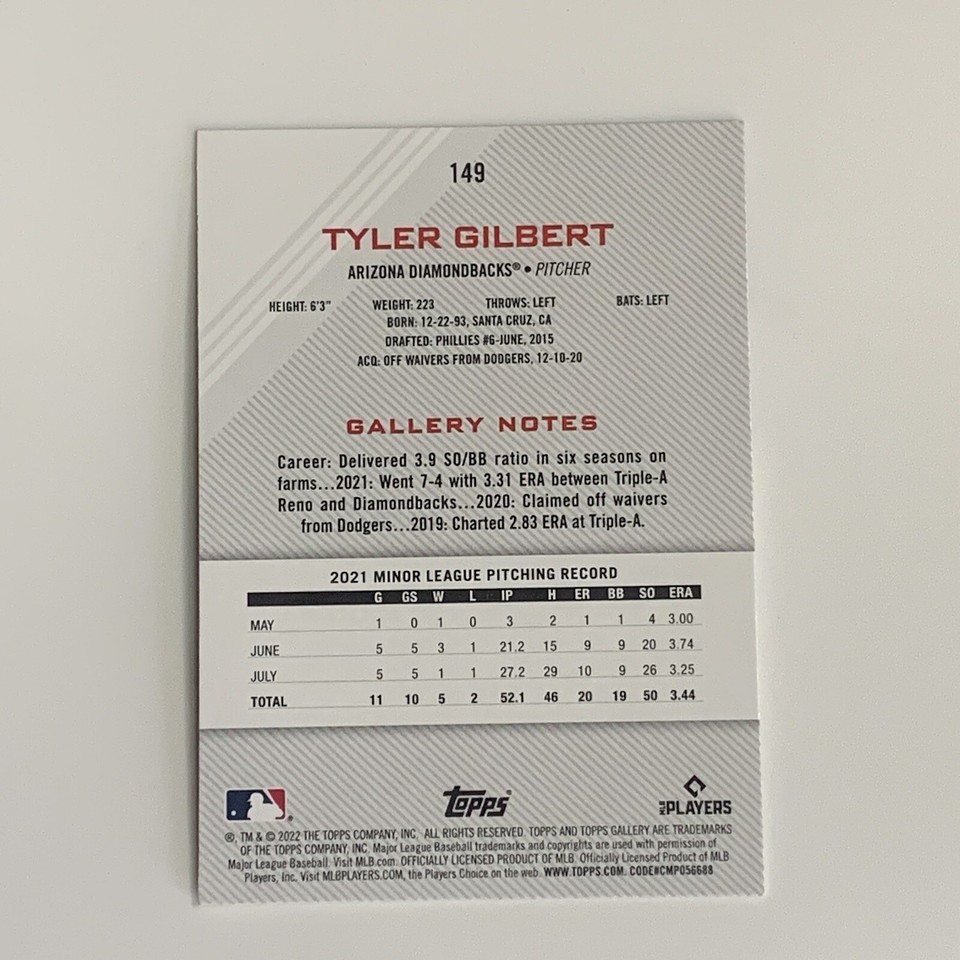 2022 Topps GALLERY Baseball Tyler Gilbert Rookie Card #149 Arizona ...