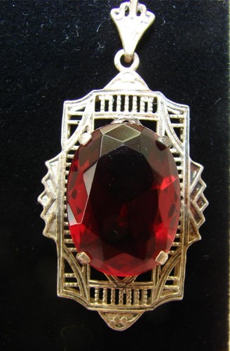 Art Deco Inspired Silver Filigree Faceted Simulated Ruby Pendant | eBay