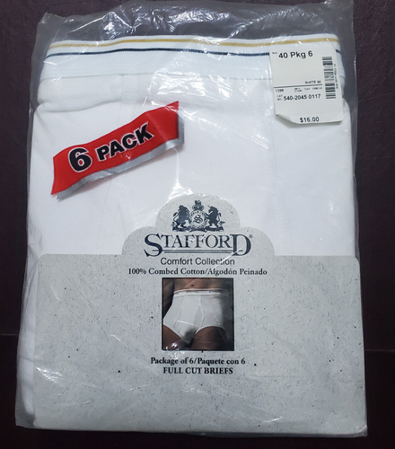 Vintage Stafford 6 Pack White Combed Cotton Full Cut Briefs Men's Size ...