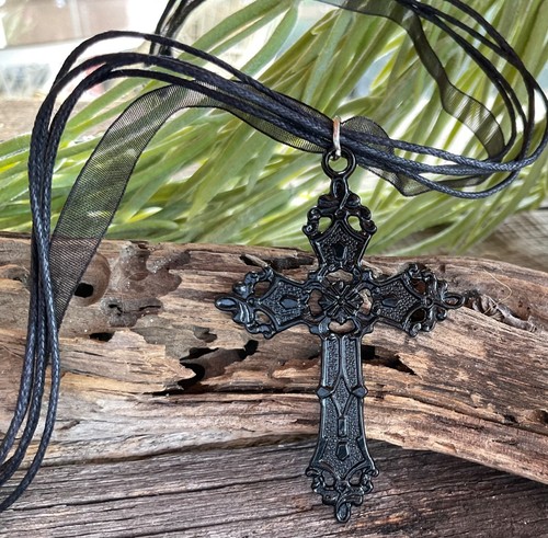 Large Ornate Black Cross Necklace Rockabilly Gothic Punk Emo Pendant ...