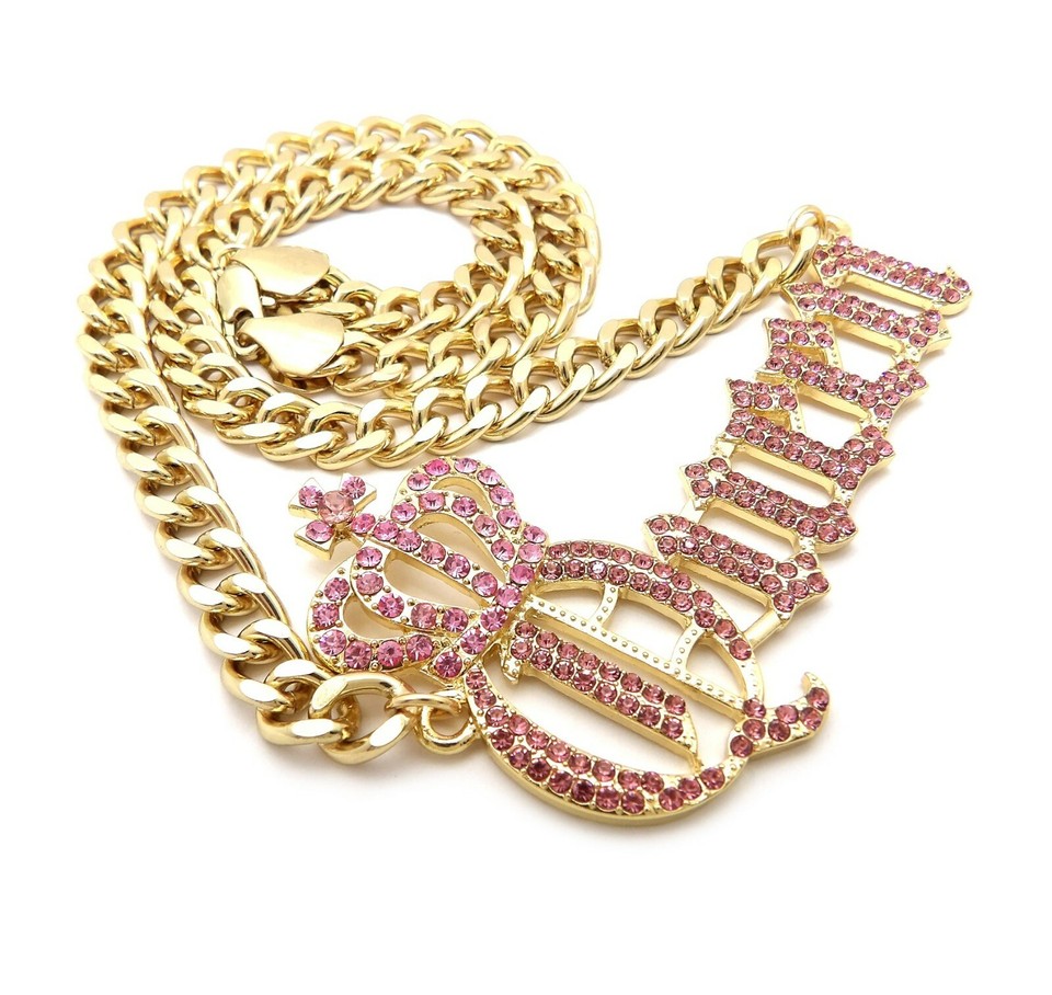 NEW QUEEN PINK STONE PENDANT 9mm/18" LINK CHAIN FASHION NECKLACE RC3719 ...