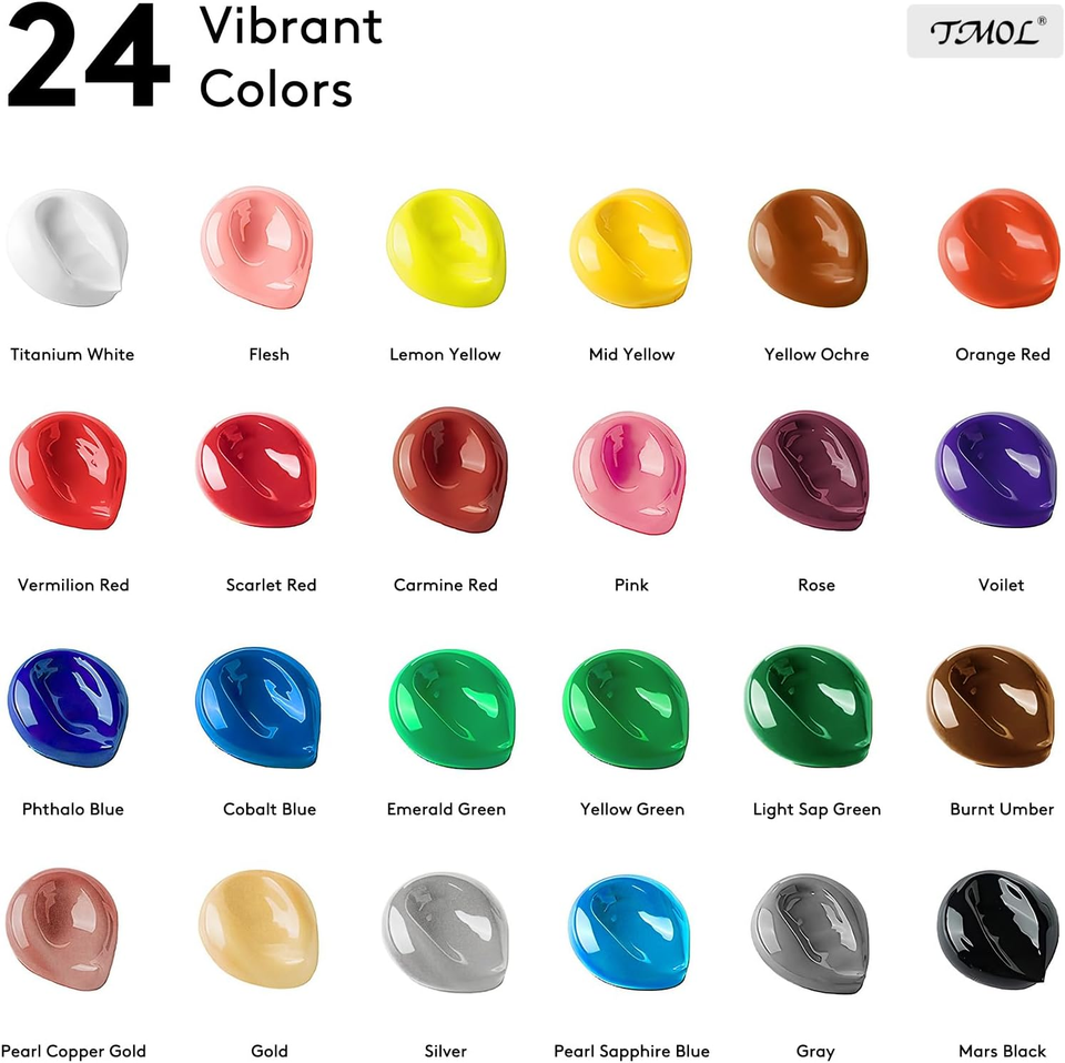 Acrylic Paint Set, 24 Colors (2 Oz/Bottle) with 12 Art Brushes, Art ...