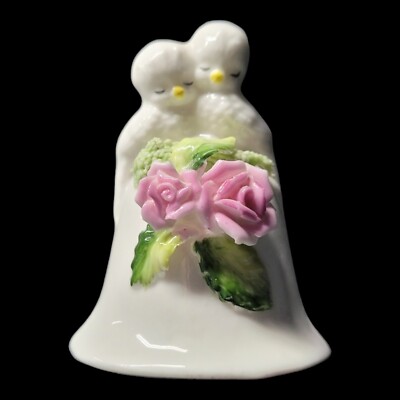 Vintage Rare Mini 3.5" White Bone China Bell Wedding love birds pink ...