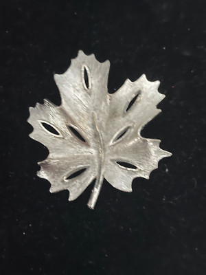 BSK brooch pin leaf brushed silver tone metal Signed 2.25" VINTAGE ...