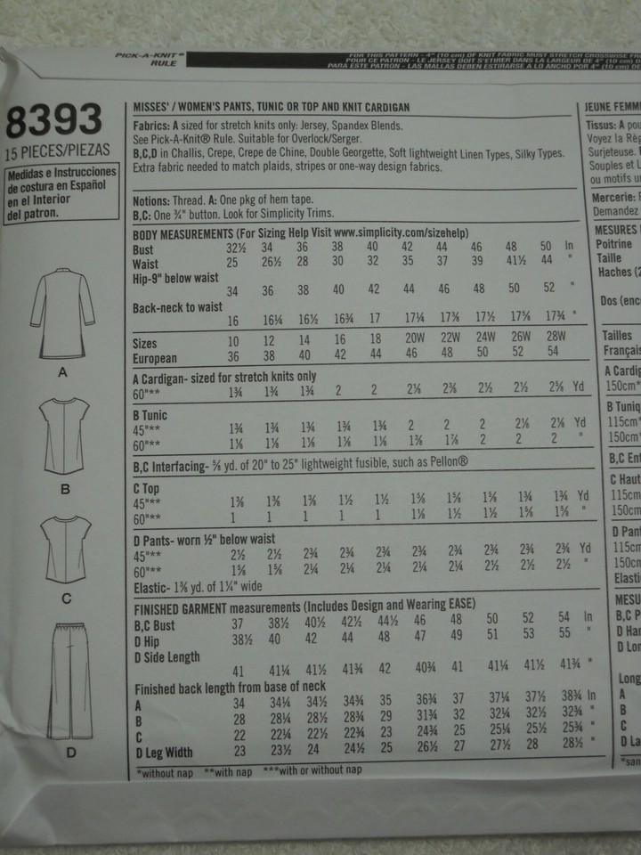 Pants Tunic Knit Cardigan size 20w-28w Simplicity 8393 Sewing Pattern ...