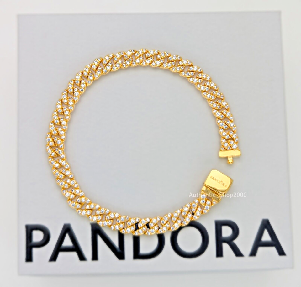 New 100% Authentic PANDORA 14K Gold Timeless Pavé Cuban Chain Bracelet ...
