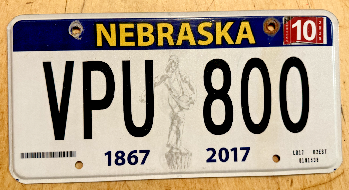 NEBRASKA 150 YEARS OF STATEHOOD GRAPHIC AUTO PASS. LICENSE PLATE " VPU ...
