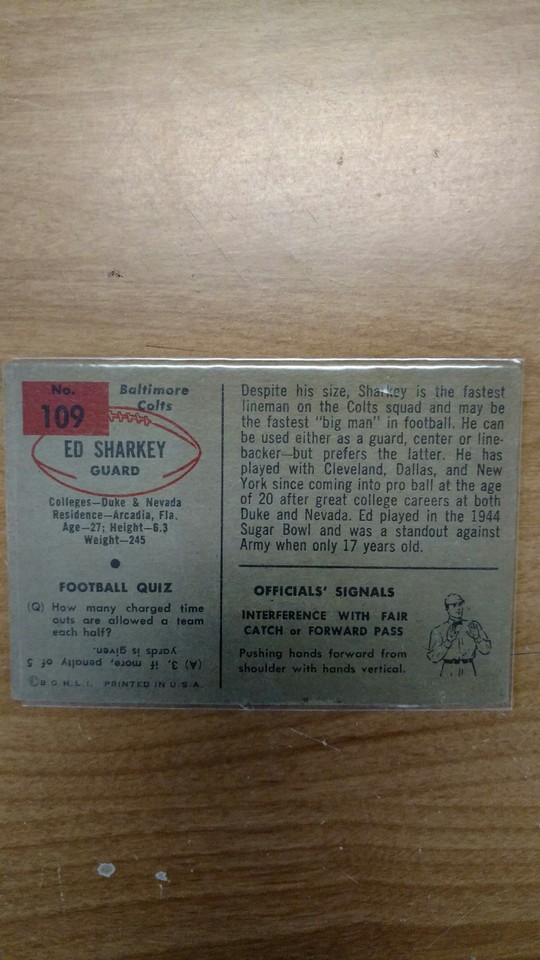 Ed Sharkey, 1954 Bowman # 109 card, Baltimore Colts | eBay