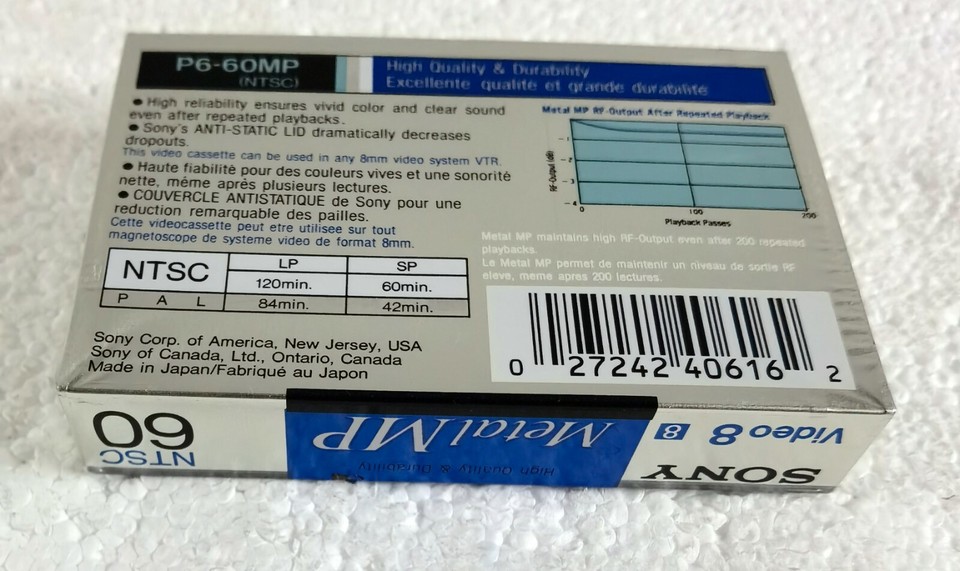 Sony Metal MP Superior Metal Technology Video 8 NTSC 60 P6-60MP Tape ...