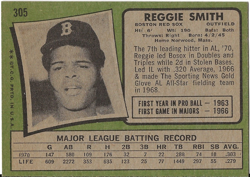 1971 Topps Baseball Reggie Smith Boston Red Sox #305 (NM) | eBay