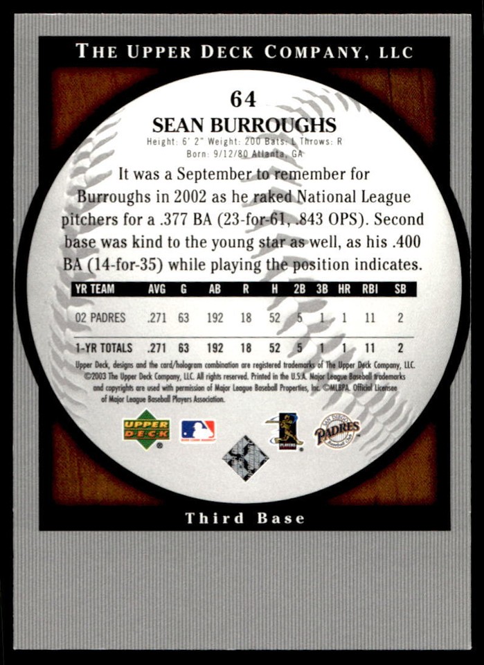 2003 Upper Deck Standing O! S-64 Sean Burroughs Padres Baseball Card | eBay
