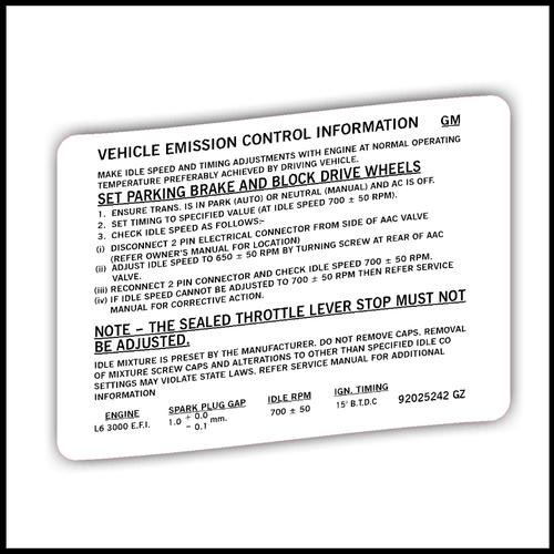 Holden VL Engine emission decal sticker label Turbo N/A HDT Calais RB30 ...