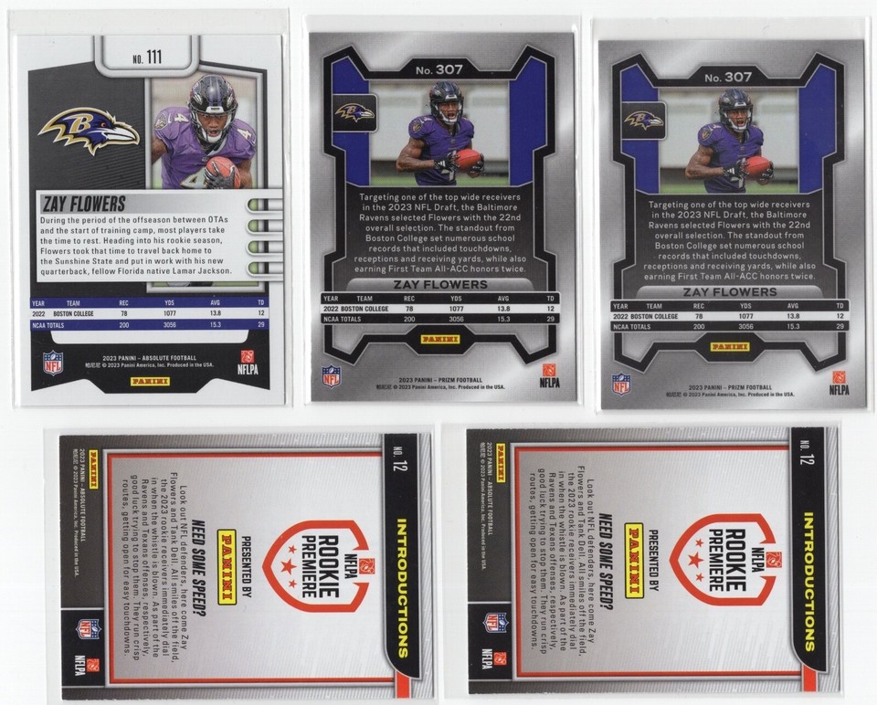 5 Card 2023 Zay Flowers NFL Football Rookie Card RC Lot, Ravens w ...