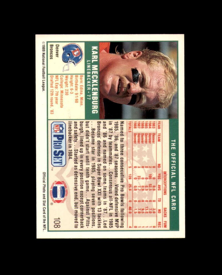 Karl Mecklenburg Signed 1989 Pro Set Denver Broncos Autograph | eBay