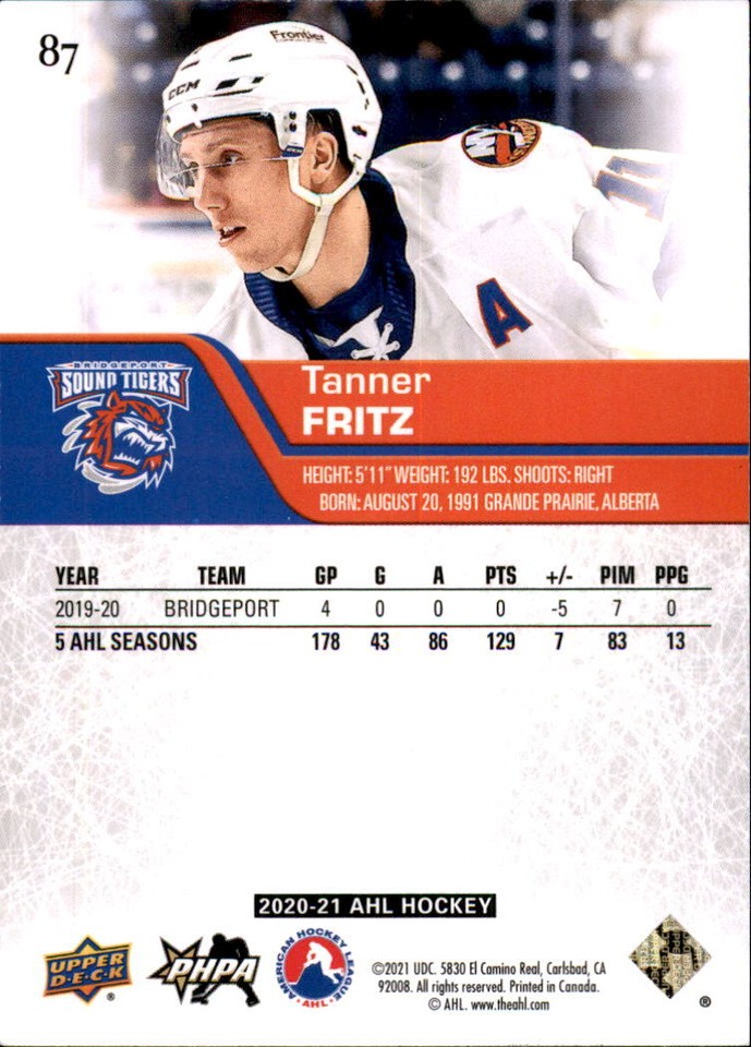 Tanner Fritz Signed Autograph 20/21 Upper Deck AHL card Bridgeport ...