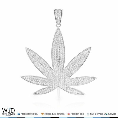 3Ct Created Diamond Marijuana Leaf Charm Pendant 14k Solid White Gold 2 ...