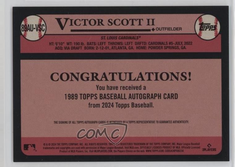 2024 Update 1989 Topps Baseball Victor Scott II #89AU-VSC Rookie Auto ...