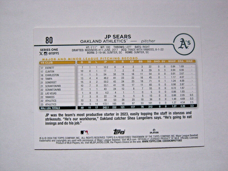 JP Sears 2024 Topps Yellow Parallel Card #80 | eBay