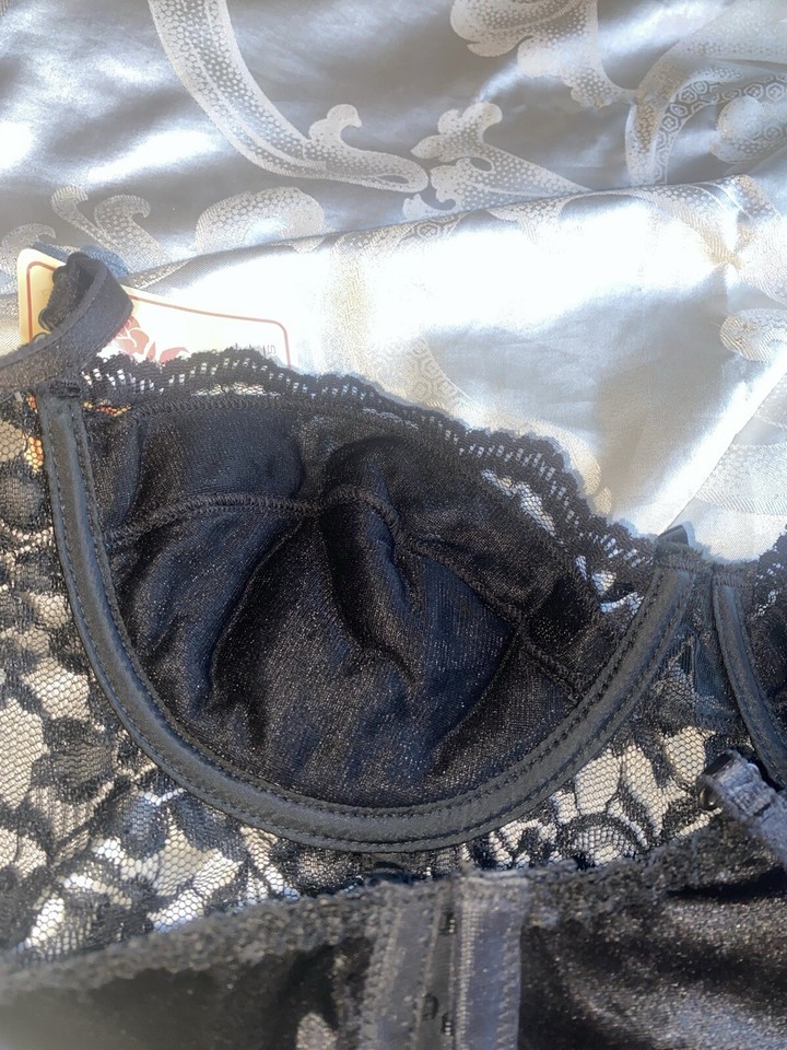 Vtg CORSET Merry Widow Bra Top FLORAL LACE Bow metal bone in GARTERS 40 ...