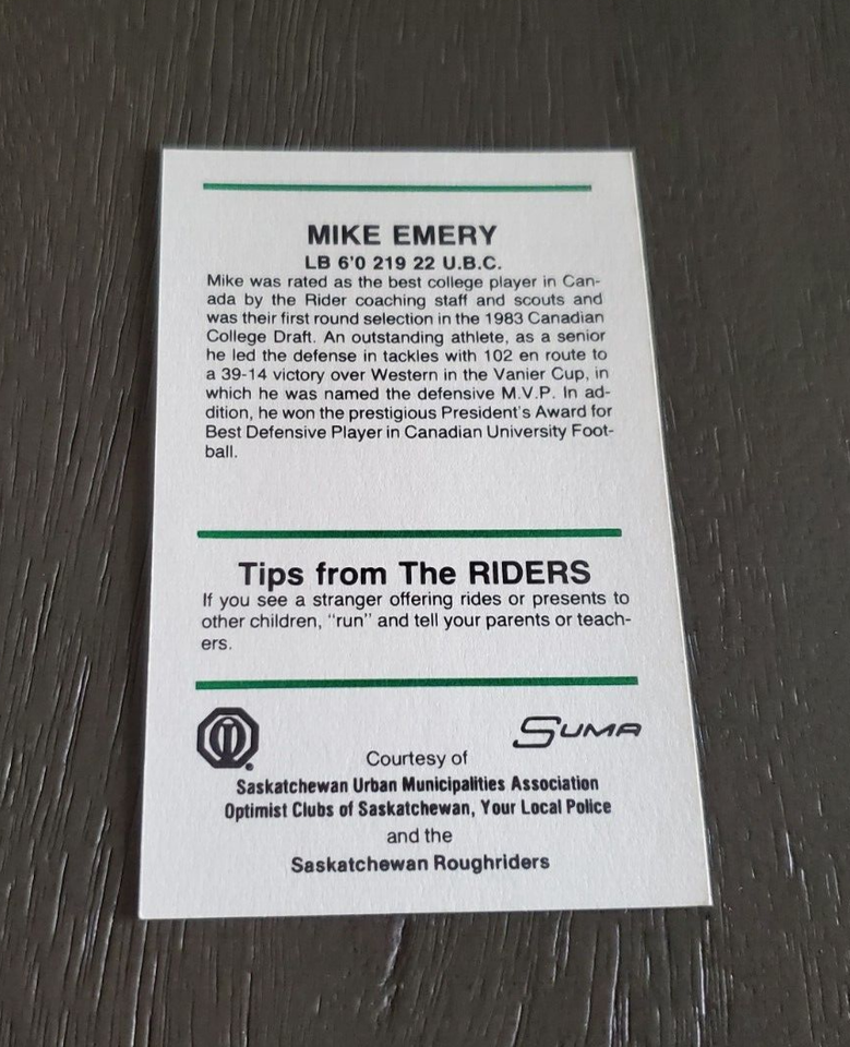 1983 CFL Football Saskatchewan Police Mike Emery Card Saskatchewan ...