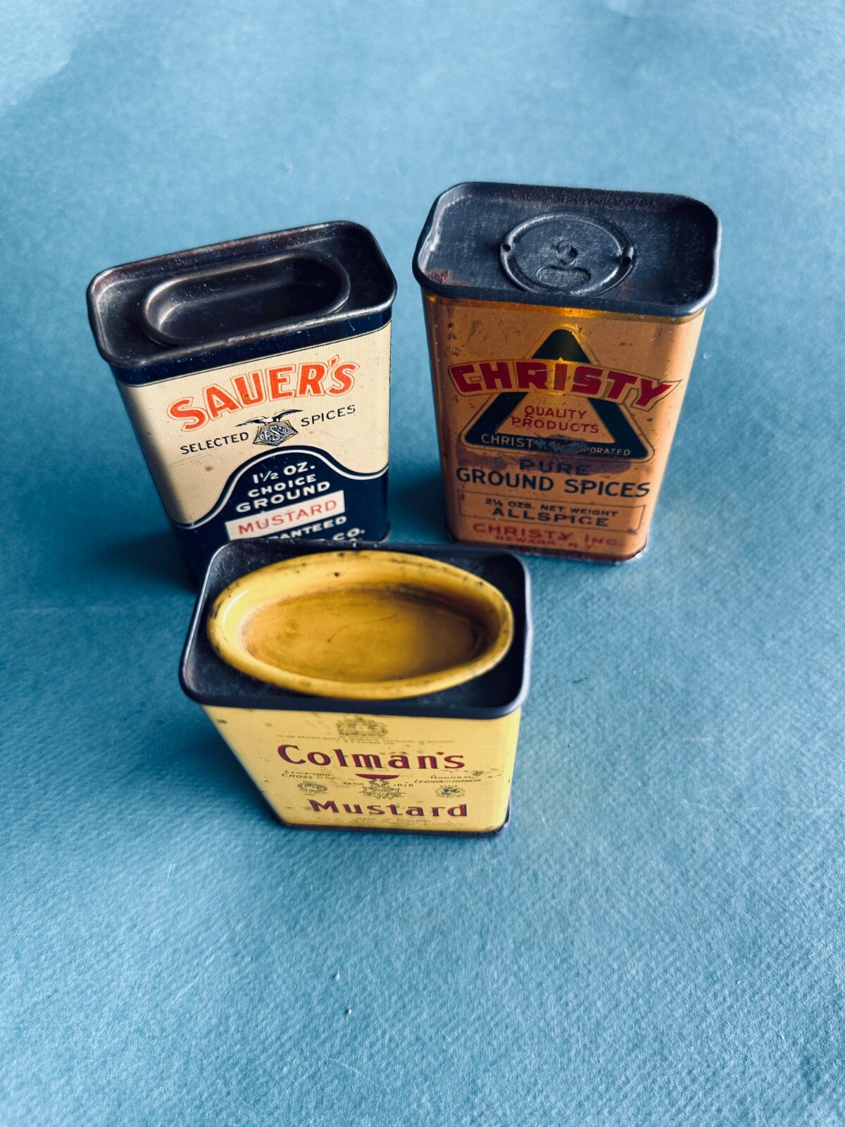 VINTAGE LOT OF 3 SPICE TINS, COLMAN'S MUSTARD, CHRISTY ALLSPICE, SAUER ...