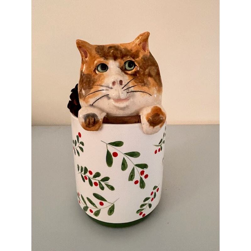 Art Pottery Primitive Ceramic Tan Tabby Cat Garden Plant Pot Watcher ...