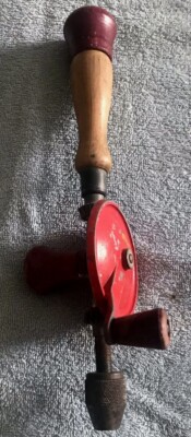Vintage Hand Crank Drill w/ Wood Handle Carpenters Woodworking Tool Red ...