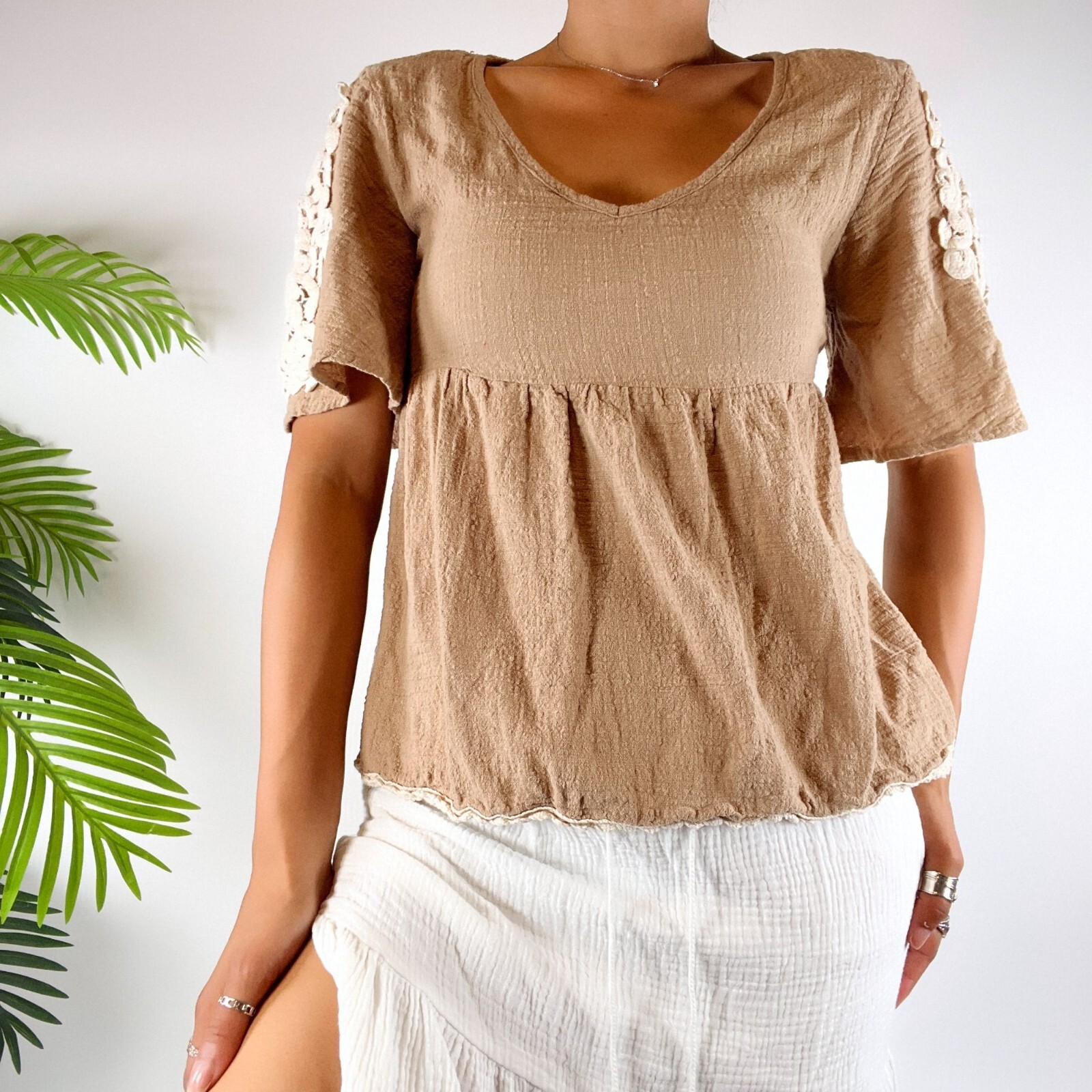 Y2K Style Tan Cottagecore Lace Boho Beachy Peasant Bl… - Gem
