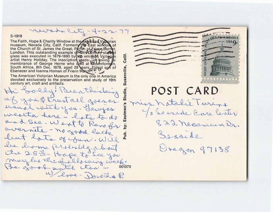 Postcard The Faith Hope & Charity Window Victorian Museum Nevada City ...