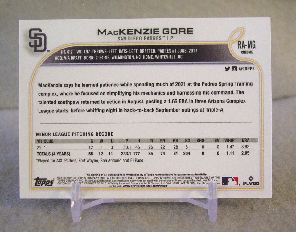 MacKenzie Gore - 2022 Topps Chrome AUTO - RC Rookie Card #RA-MG ...