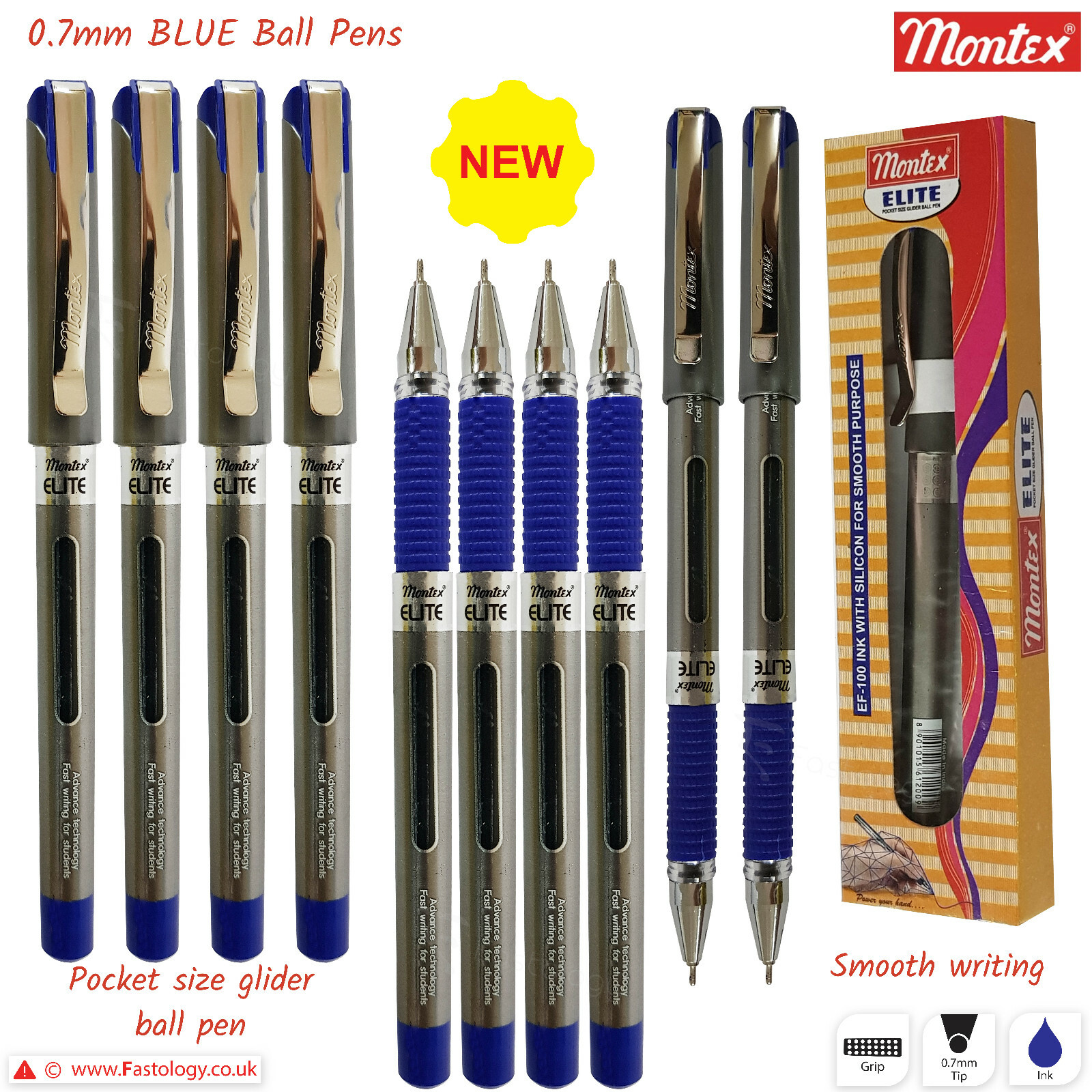 BLUE BALLPOINT PENS 0.7mm Fine MONTEX Elite x5 x10 Quality Ball Pens ...