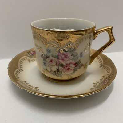 Royal Crown Hand Painted Vintage Gilded Mustache Guard Cup & Saucer 33/ ...