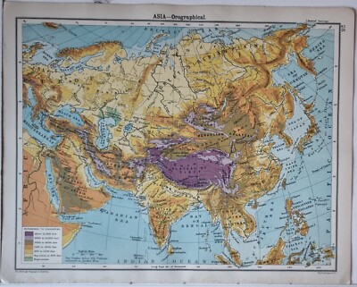 1905 MAP ASIA OROGRAPHICAL GREAT SIBERIAN PLAIN PLATEAU TIBET INDO ...