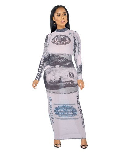 Money Print Long Sleeve Mesh Dress (Medium) | eBay
