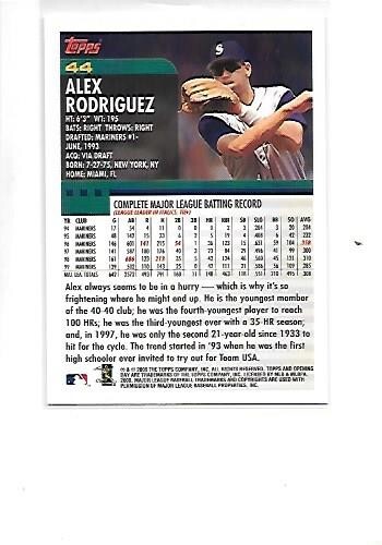 Alex Rodriguez 2000 Topps Opening Day Baseball Card #44 Seattle ...