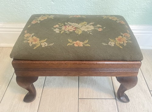 VTG Carved Wood Footstool Foot Stool Ottoman Needlepoint Queen Anne ...