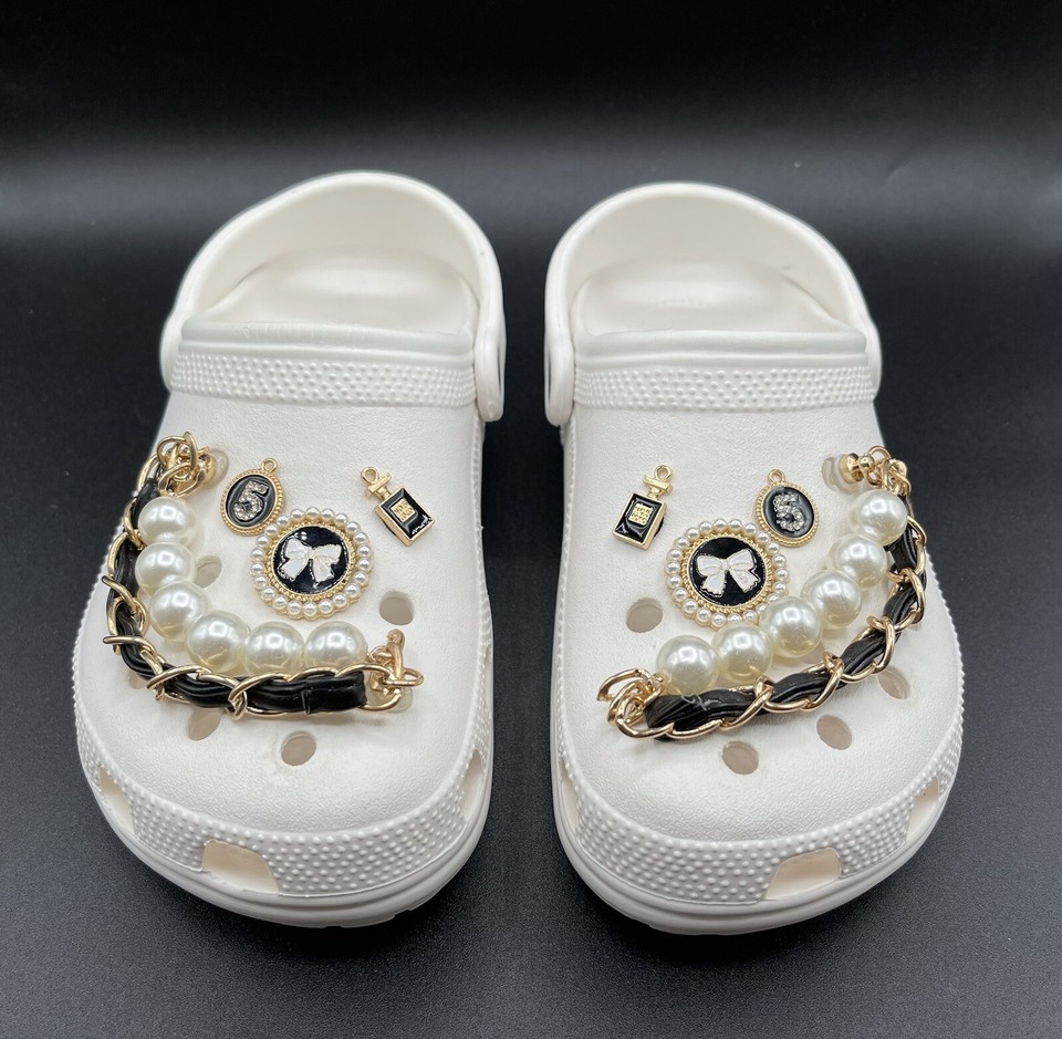 Luxury Gold/Black Leather Chain Charms For Crocs. Suitable For Adult ...