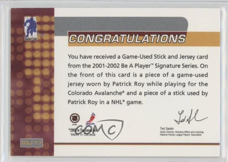 2001 ITG Be A Player Signature Series Stick and Jersey /60 Patrick Roy ...